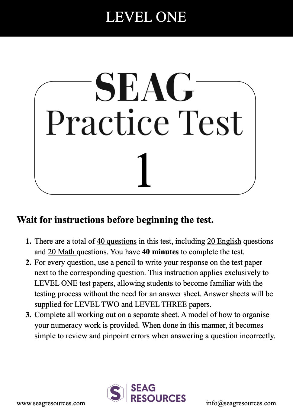 Level One Practice Paper Bundle (Set 1 - 4) | SEAG Resources